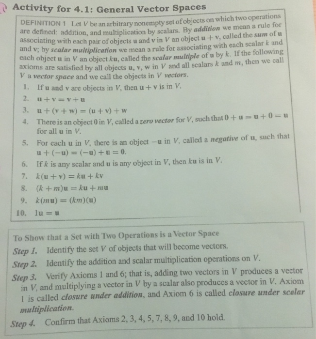 Solved Activity for 4.1: General Vector Spaces DEFINITION | Chegg.com