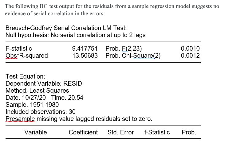 Solved The following BG test output for the residuals from a | Chegg.com