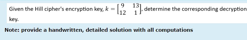 Solved Given the Hill cipher's encryption key, k=[913121], | Chegg.com