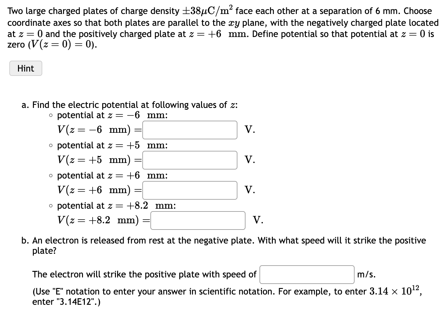Solved Two large charged plates of charge density ±38μC/m2 | Chegg.com
