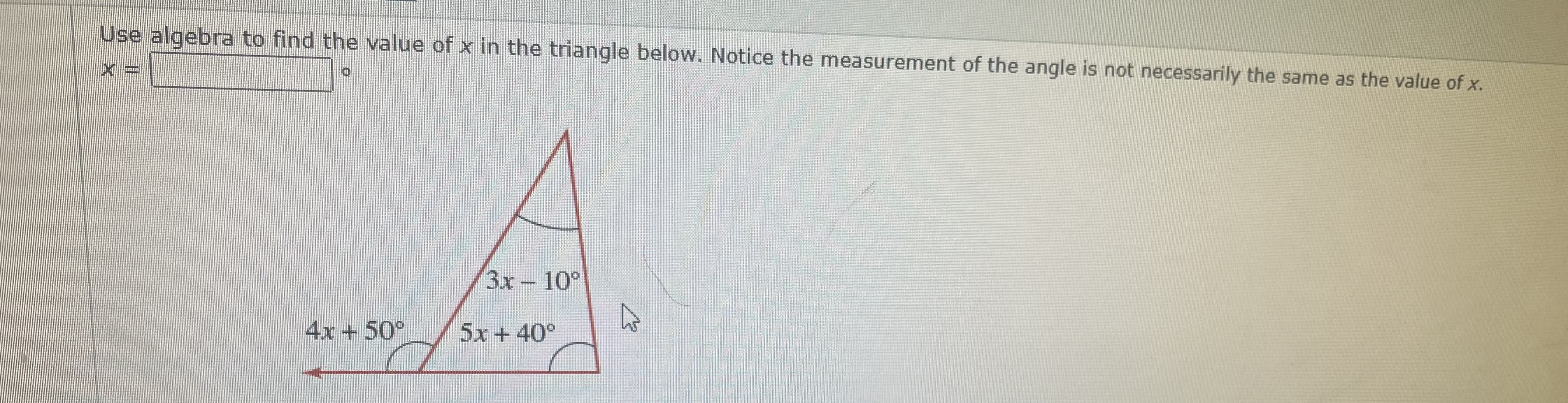 Use algebra to find the value of x ﻿in the triangle | Chegg.com
