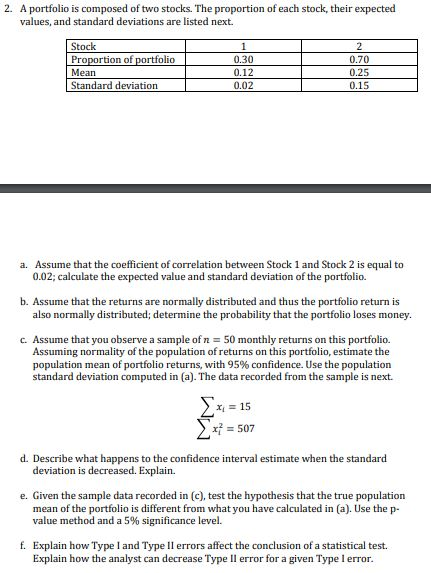 Solved 2. A portfolio is composed of two stocks. The | Chegg.com
