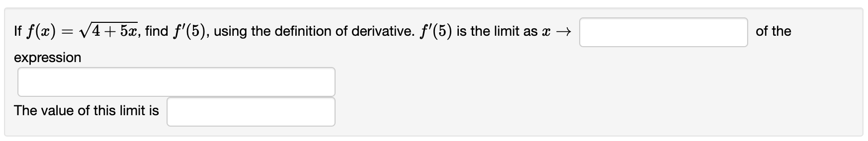 Solved If f(x)=4+5x2, ﻿find f'(5), ﻿using the definition of | Chegg.com