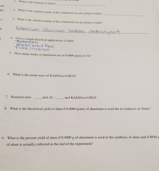 Solved i. What is the formula of Alum alu 2 What is the | Chegg.com