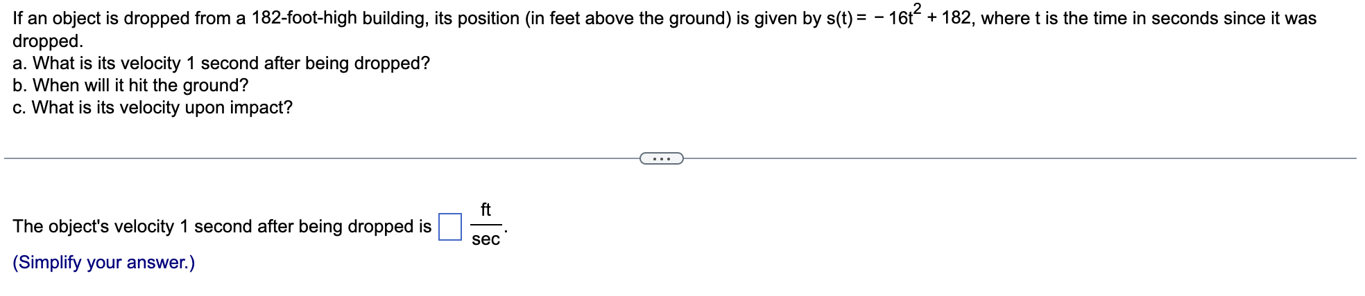Solved If an object is dropped from a 182-foot-high | Chegg.com