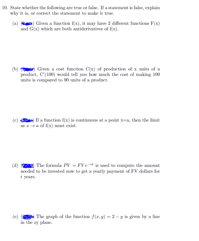 Solved 10. State whether the following are true or false. If | Chegg.com