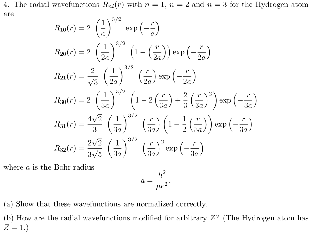 Solved 4 The Radial Wavefunctions Rnl R With N 1 N 2
