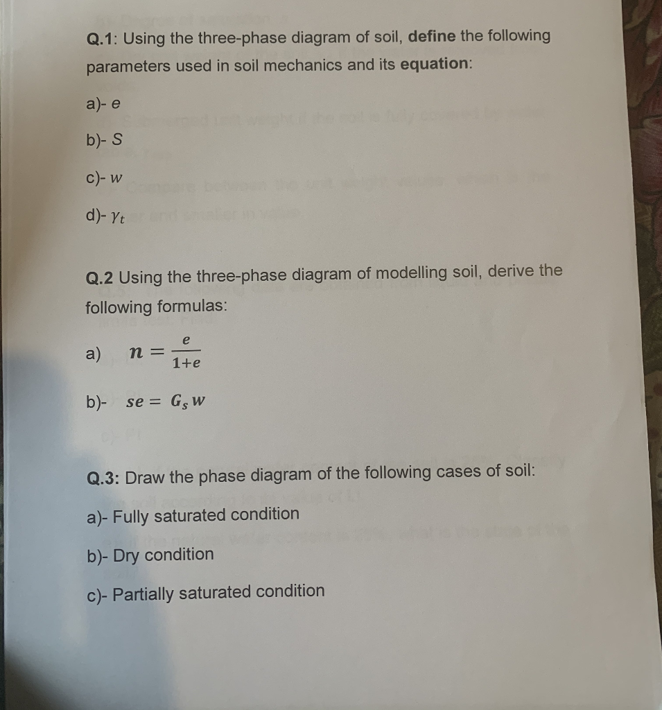 Solved Q.1: Using the three-phase diagram of soil, define | Chegg.com