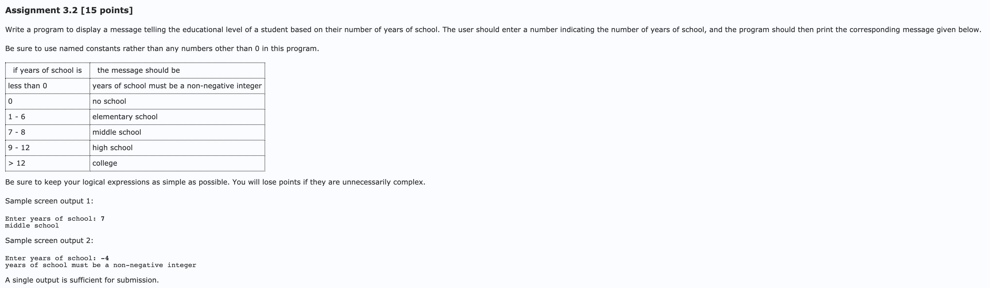 Solved Assignment 3.2 [15 points] Write a program to display | Chegg.com