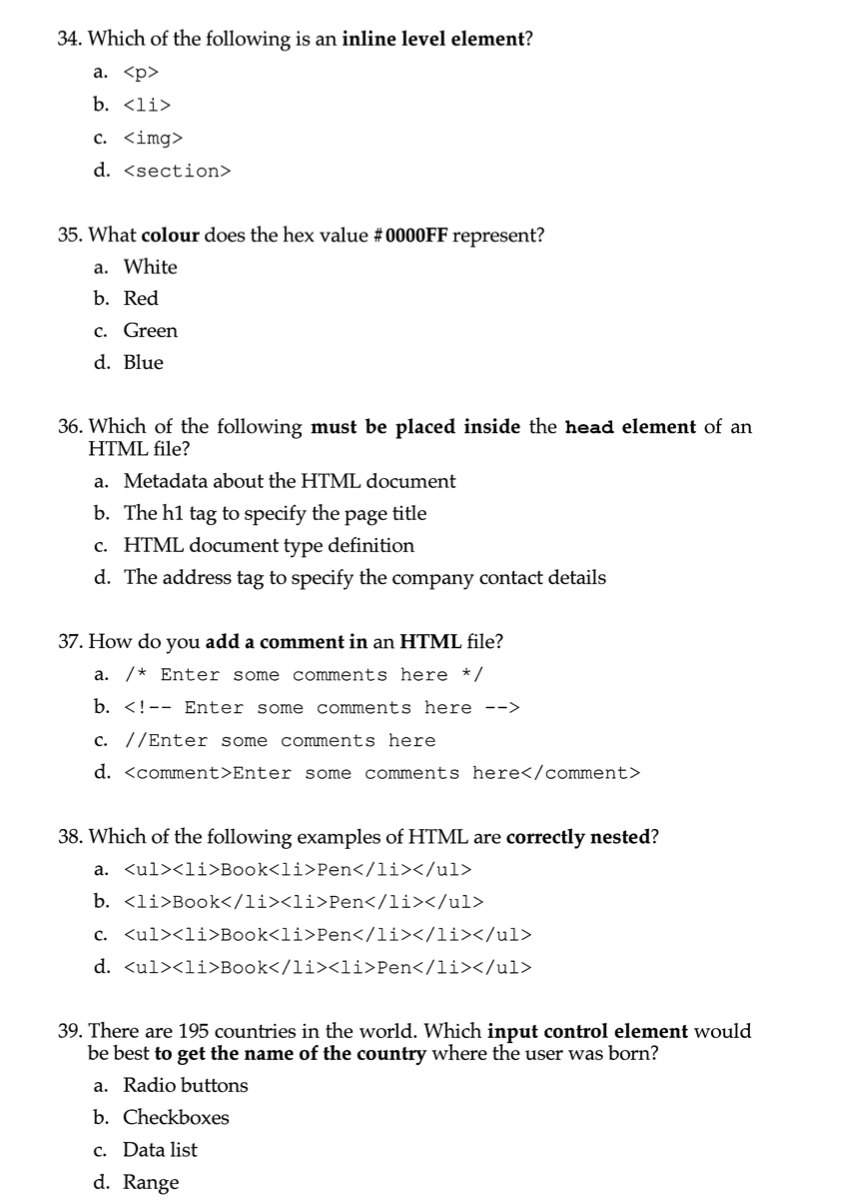 Solved 34. Which of the following is an inline level | Chegg.com