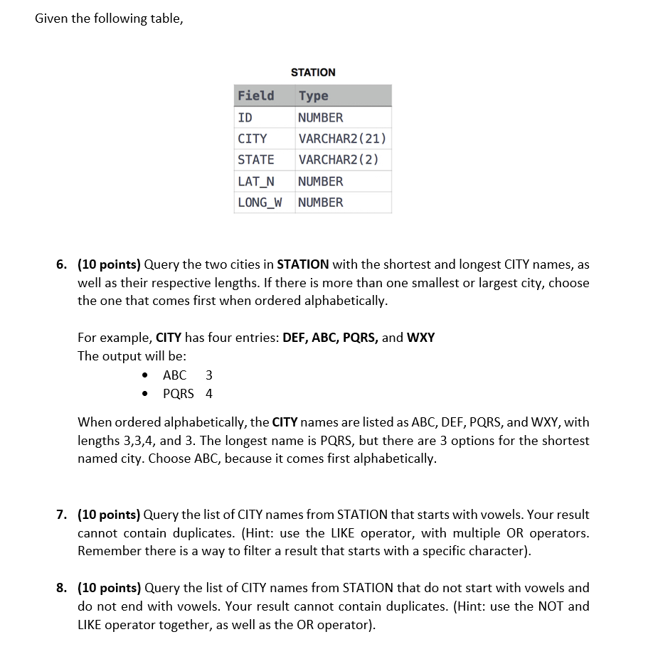 Solved Given the following table, 6. (10 points) Query the | Chegg.com