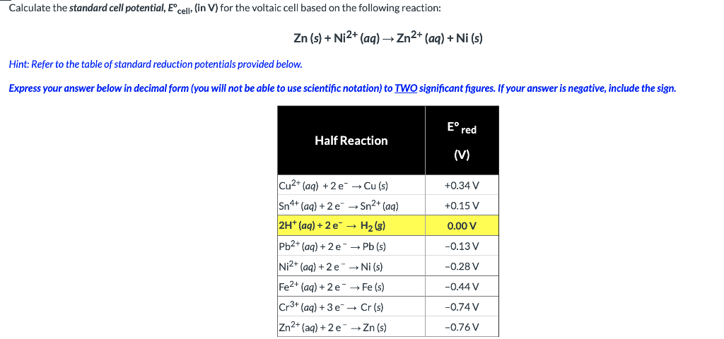 Solved Calculate The Standard Cell Potential Ecell In V