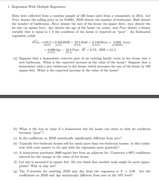 Solved 1. Regression With Multiple Regressors Data were | Chegg.com