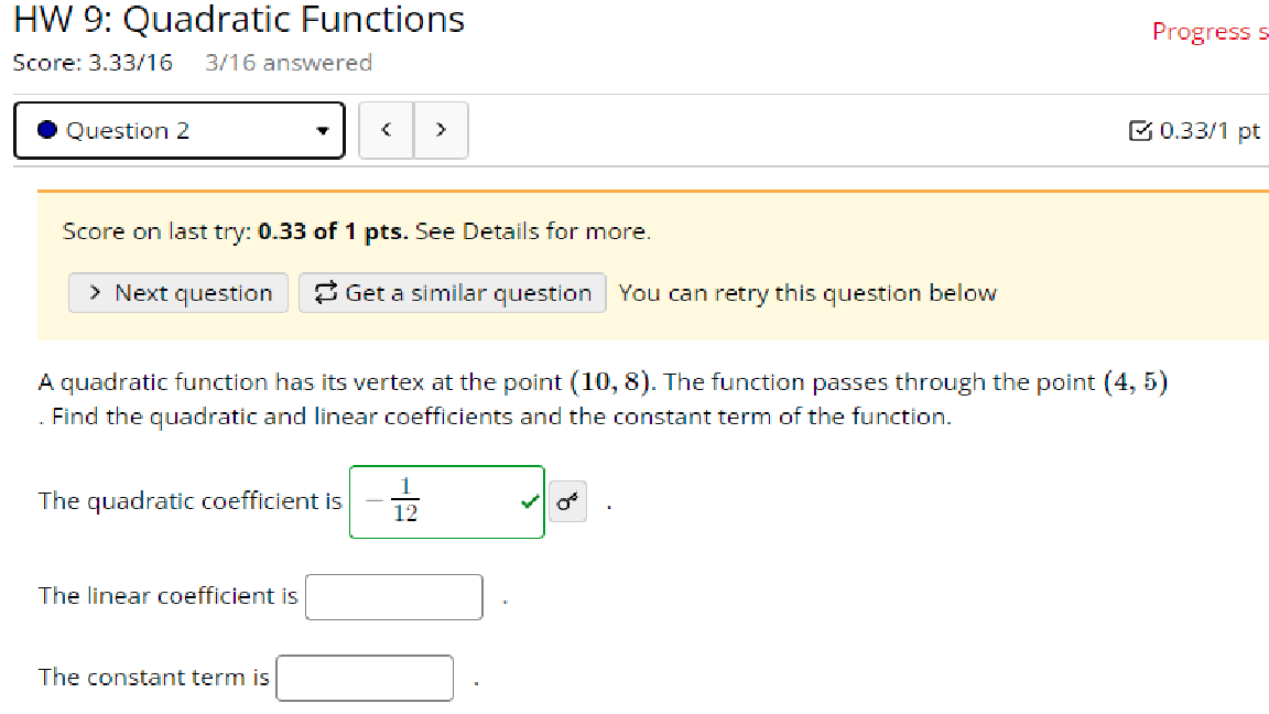 Solved Hw 9 Quadratic Functions Progress S Score 3 33 16