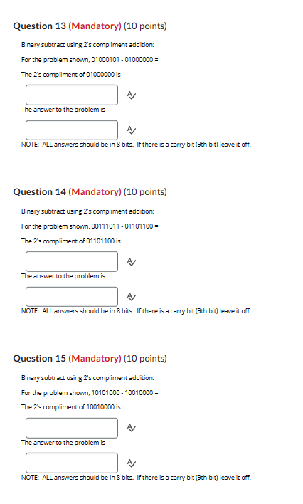 Solved Question 13 (Mandatory) (10 points) Binary subtract | Chegg.com