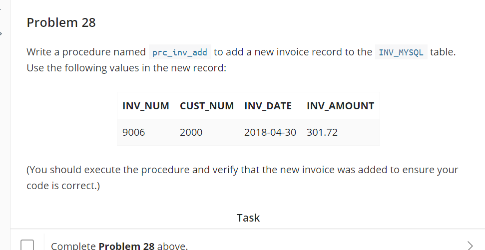 Solved Problem 28 Write a procedure named prc_inv_add to add | Chegg.com