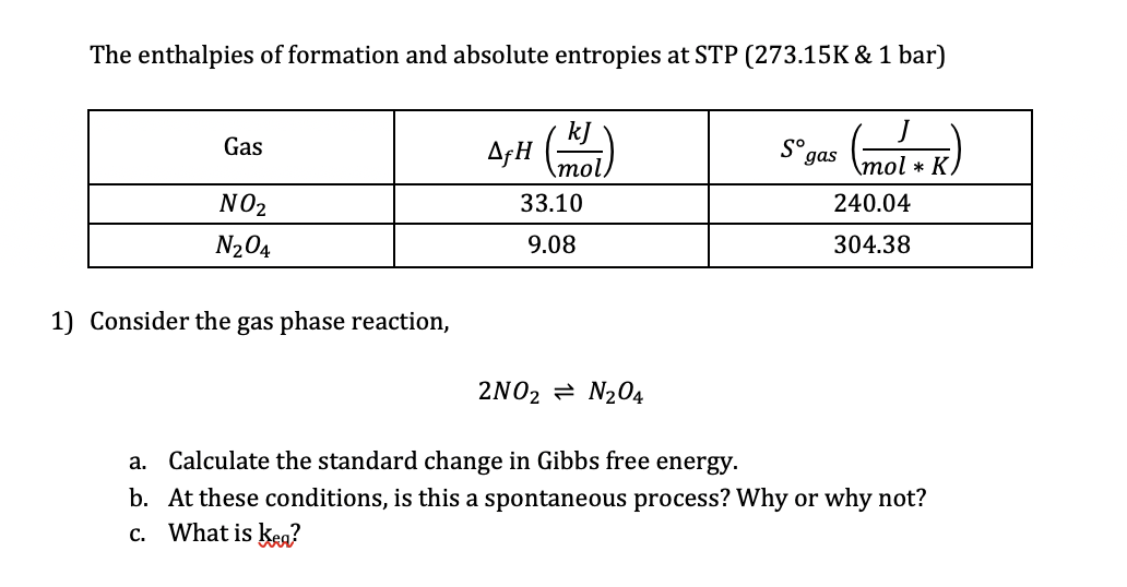 Solved The enthalpies of formation and absolute entropies at | Chegg.com