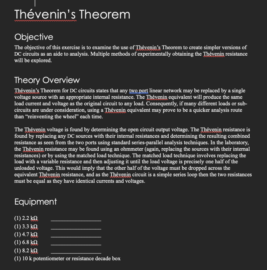 Solved Thévenin's Theorem Objective The objective of this | Chegg.com