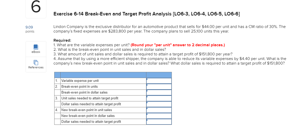 Solved 6 Exercise 6-14 Break-Even and Target Profit Analysis | Chegg.com