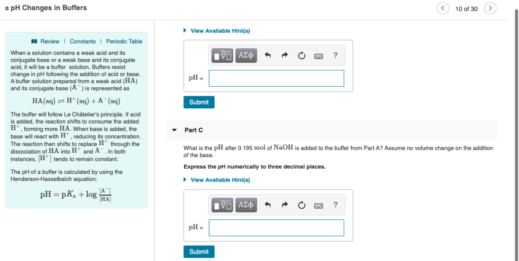 Solved pH Changes in Buffers 10 of 30> ReviewI ConstantsI | Chegg.com