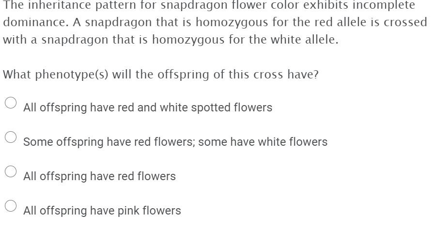 Solved The inheritance pattern for snapdragon flower color | Chegg.com