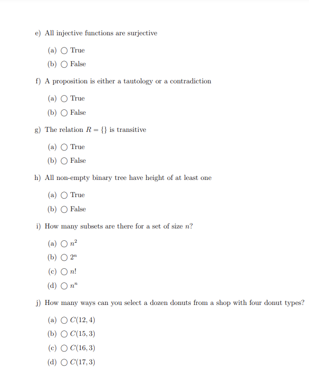 Solved e) All injective functions are surjective (a) True | Chegg.com