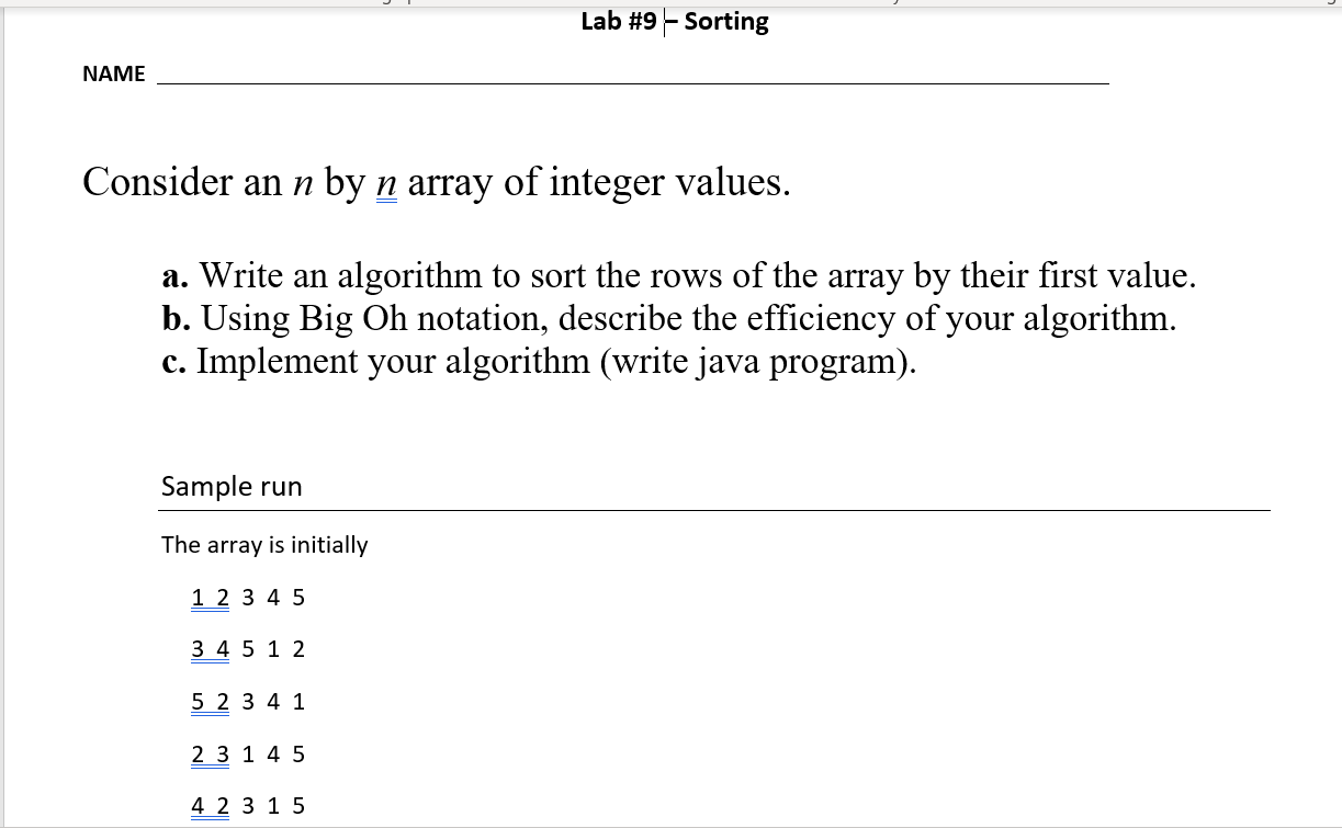 Solved Lab #9 - Sorting NAME Consider an n by n array of | Chegg.com