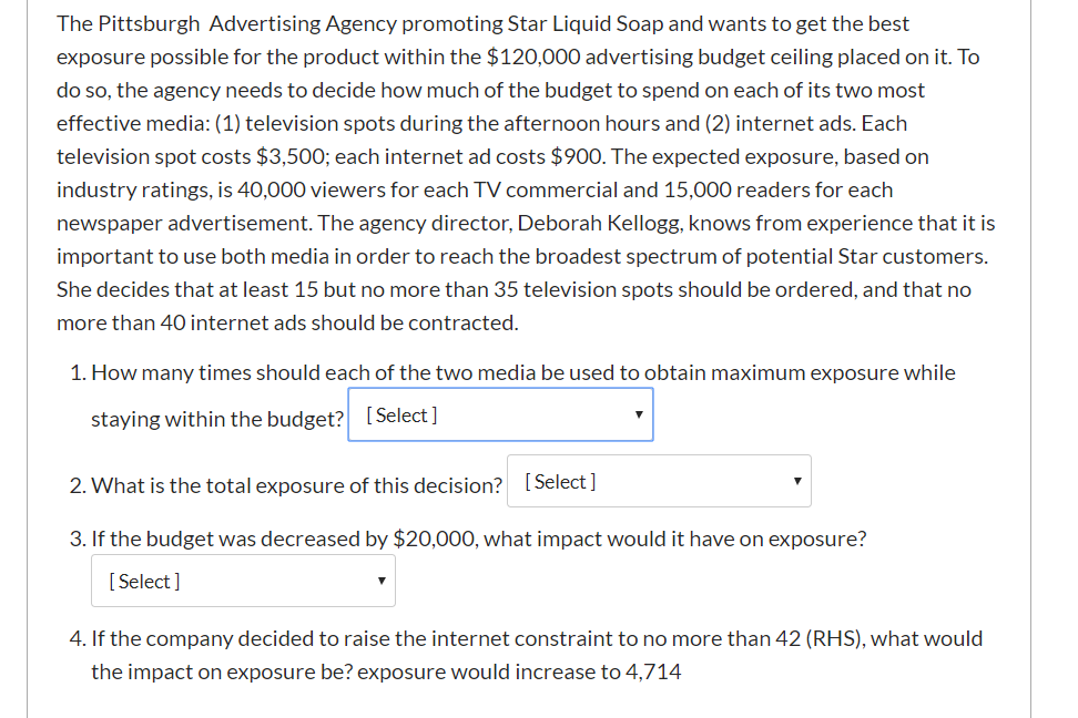 Solved The Pittsburgh Advertising Agency promoting Star | Chegg.com