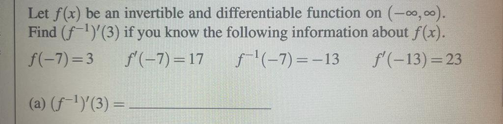 Solved Let f(x) be an invertible and differentiable function | Chegg.com