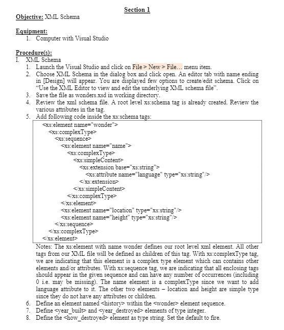 Solved Section 1 Objective: XML Schema Equipment: 1. | Chegg.com