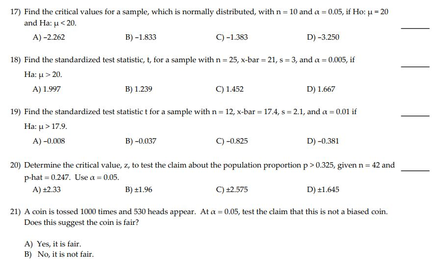 Solved 17) Find the critical values for a sample, which is | Chegg.com