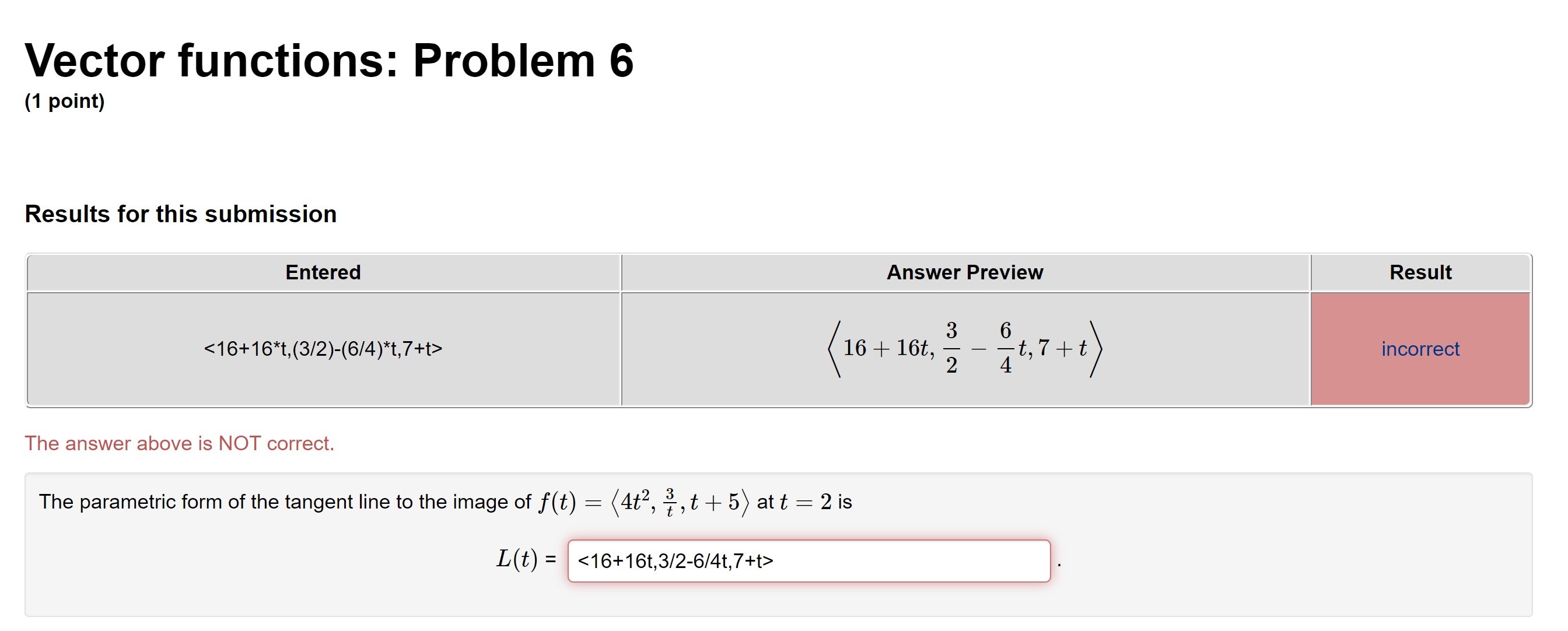 Solved Vector functions: Problem 6(1 ﻿point)Results for this | Chegg.com