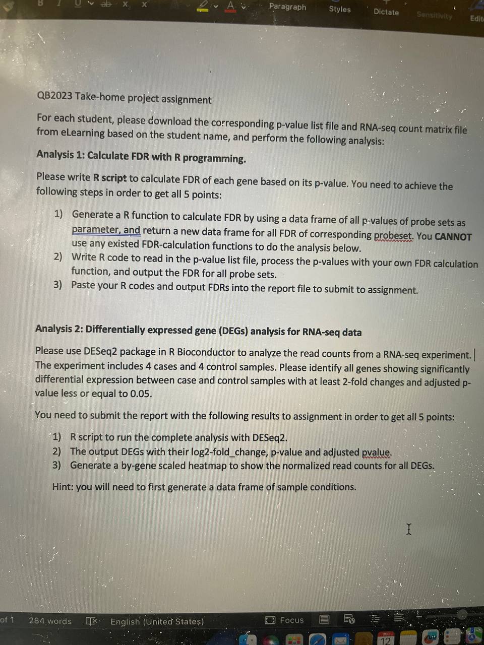 QB2023 Take-home project assignment For each student, | Chegg.com