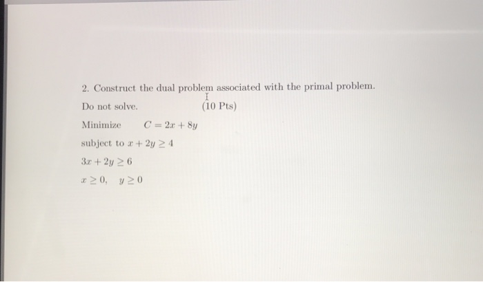 Solved 2. Construct the dual problem associated with the | Chegg.com