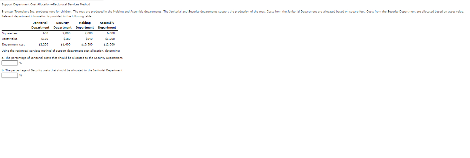 Solved Support Department Cost Allocation-Reciprocal | Chegg.com