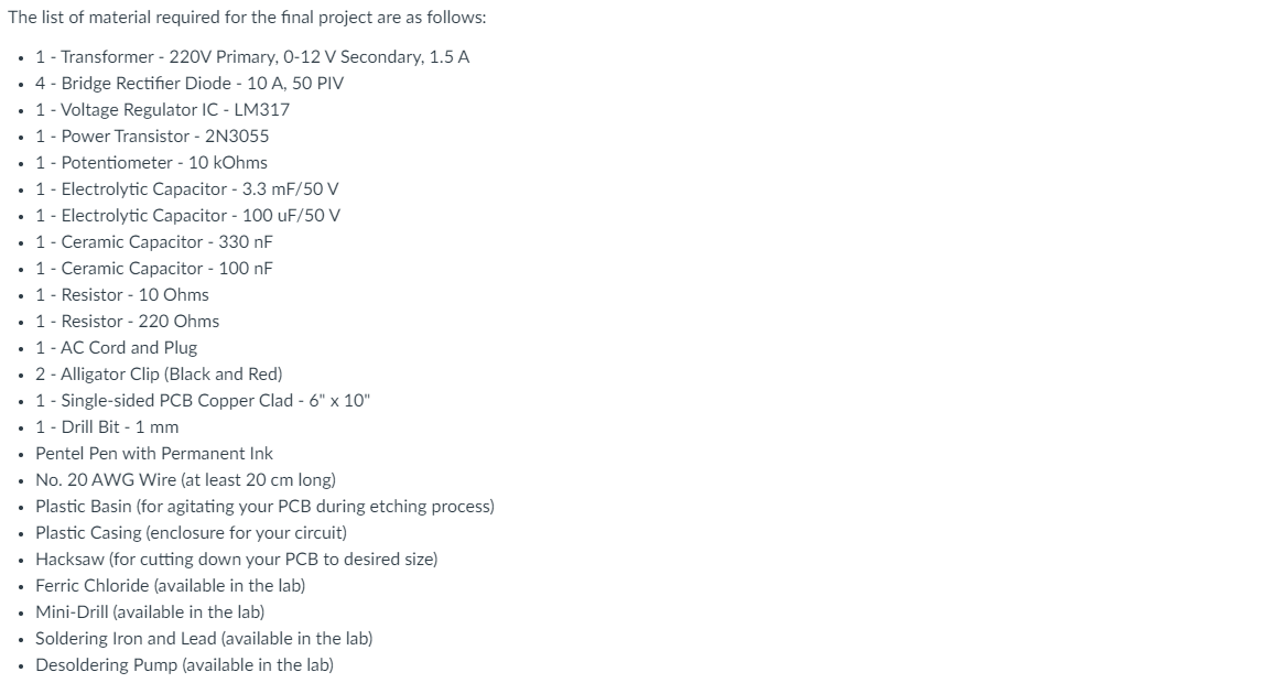 Solved The list of material required for the final project | Chegg.com