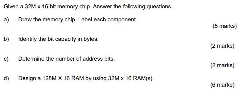 Solved Given a 32M x 16 bit memory chip. Answer the | Chegg.com