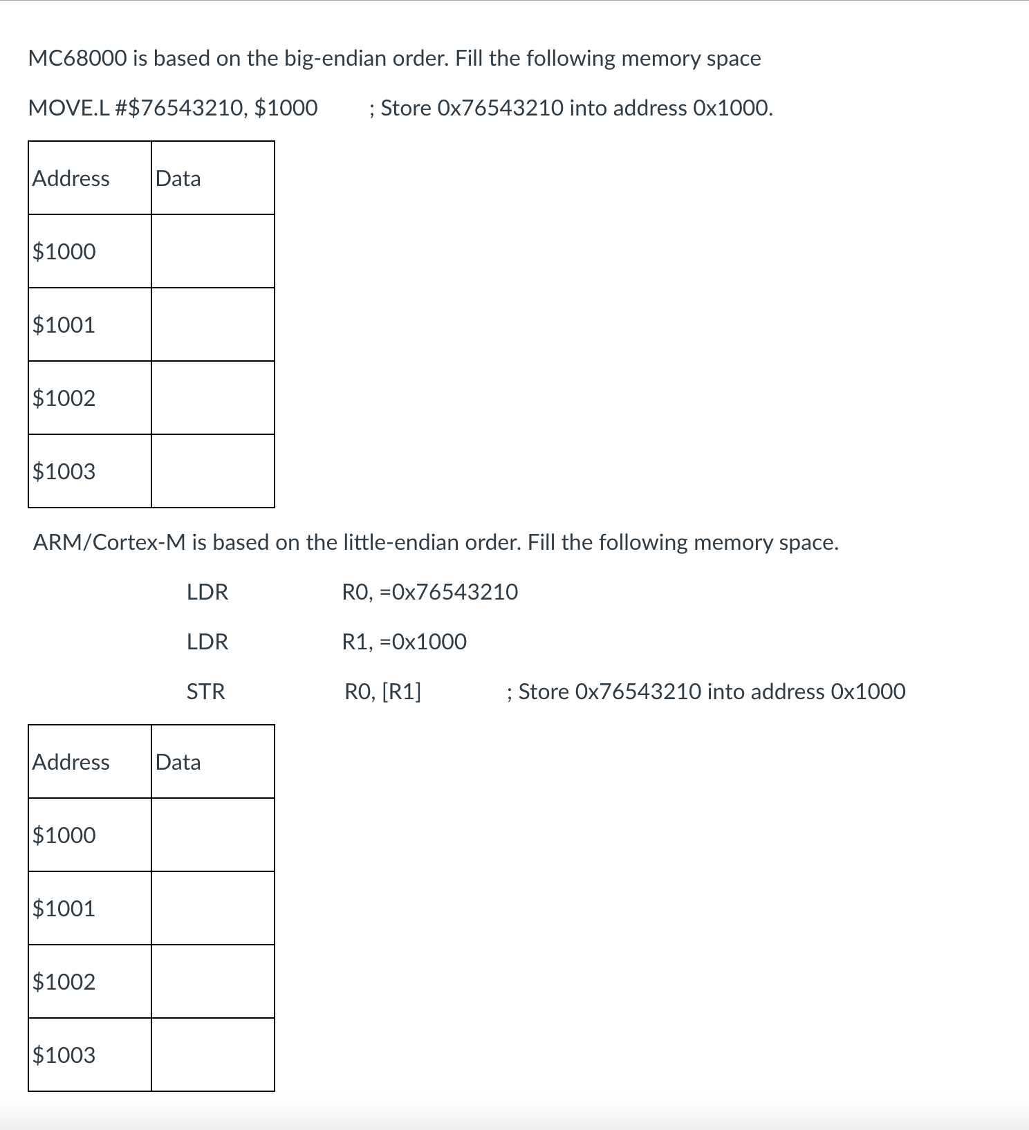 Solved MC68000 is based on the big-endian order. Fill the | Chegg.com