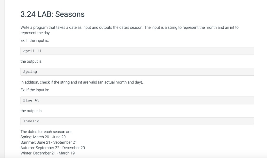 Solved: LAB ACTIVITY 3.24.1: LAB: Seasons 0/107 Main.cpp L... | Chegg.com