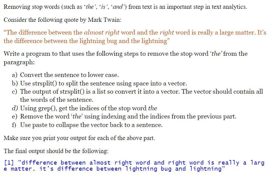 Solved Removing stop words (such as 'the', 'is', 'and') from | Chegg.com