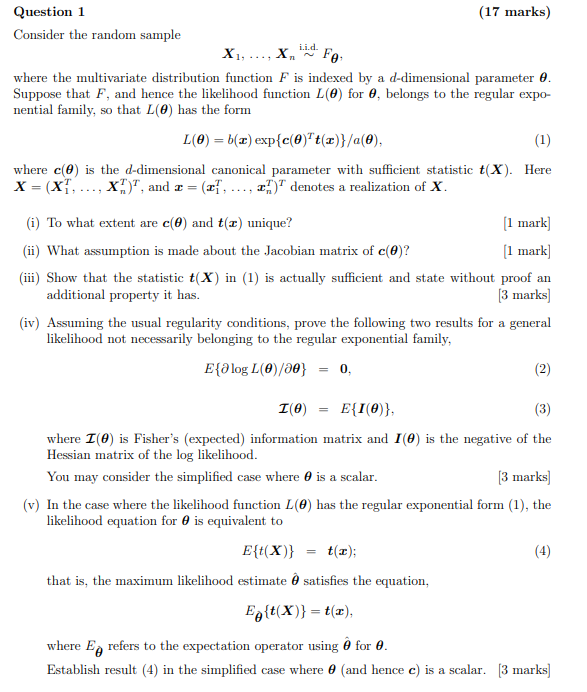 Solved Question 1 (17 marks) Consider the random sample | Chegg.com