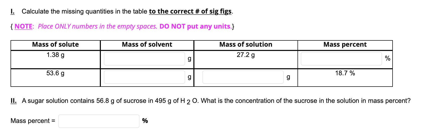 Solved I. Calculate the missing quantities in the table to | Chegg.com