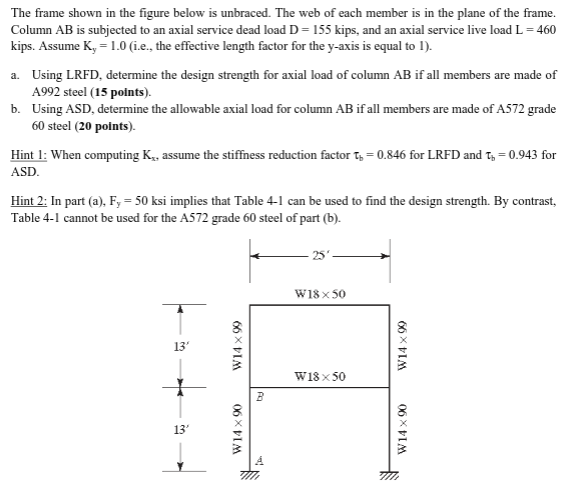 Solved The frame shown in the figure below is unbraced. The | Chegg.com