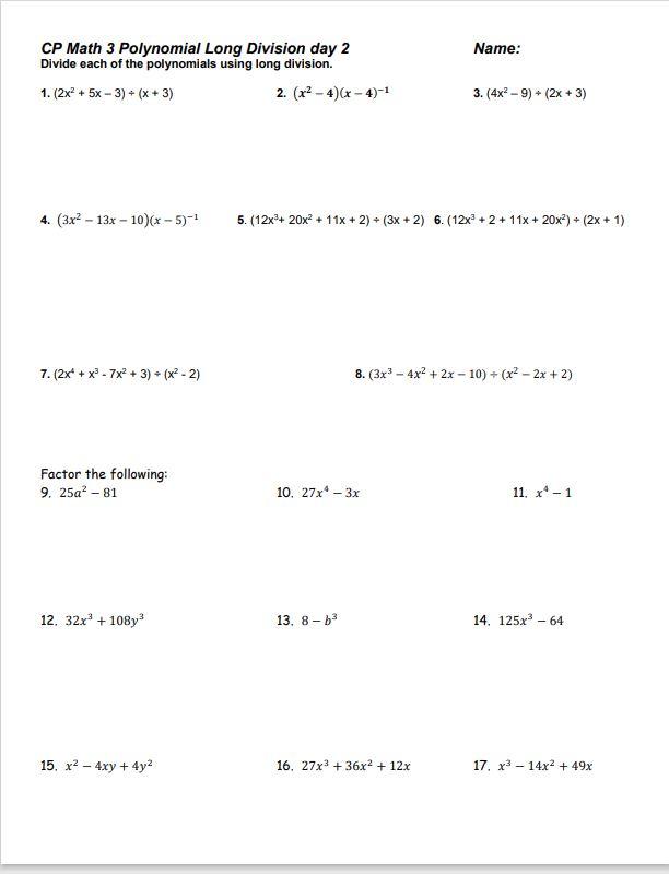Solved Name: CP Math 3 Factoring Special Cases (Perfeet | Chegg.com