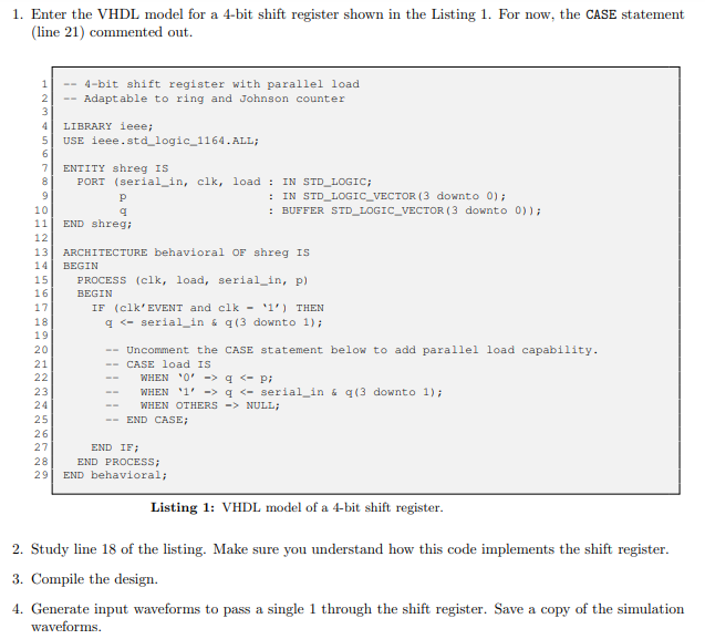 1. Enter the VHDL model for a 4-bit shift register | Chegg.com
