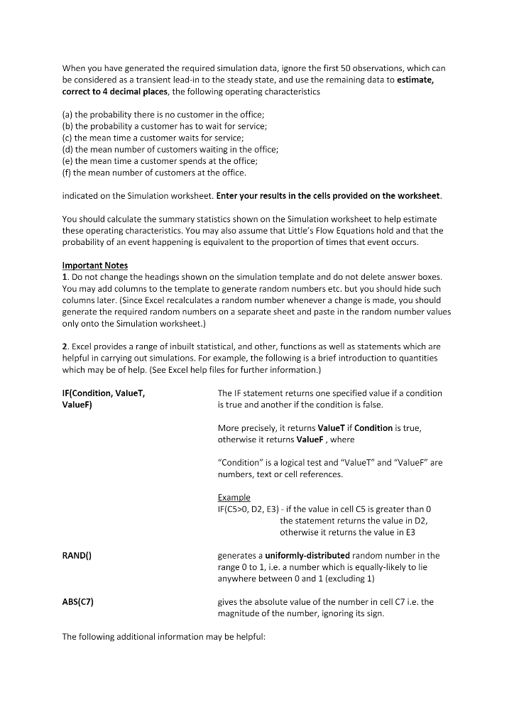 Operations Research Assignment Queuing Project N.B. | Chegg.com