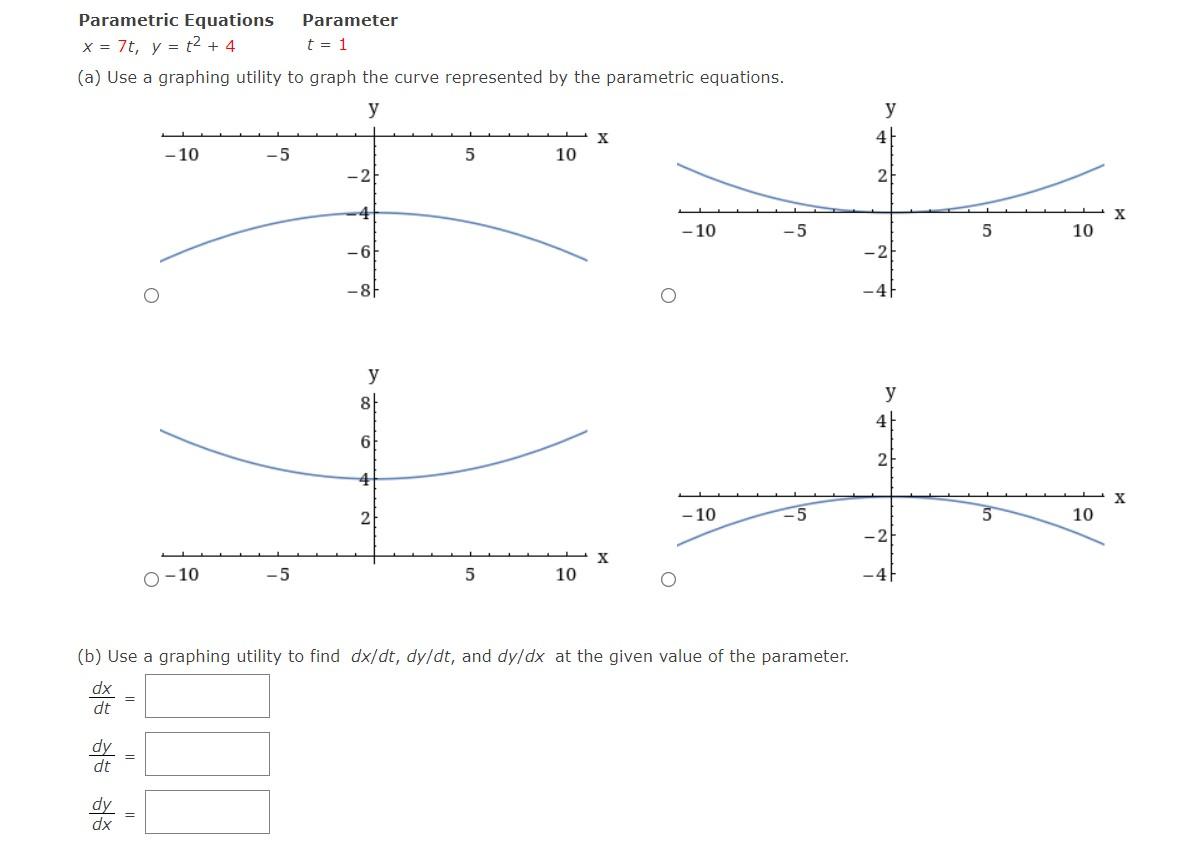 Solved Parametric Equations Parameter x = 7t, y = t² + 4 t = | Chegg.com