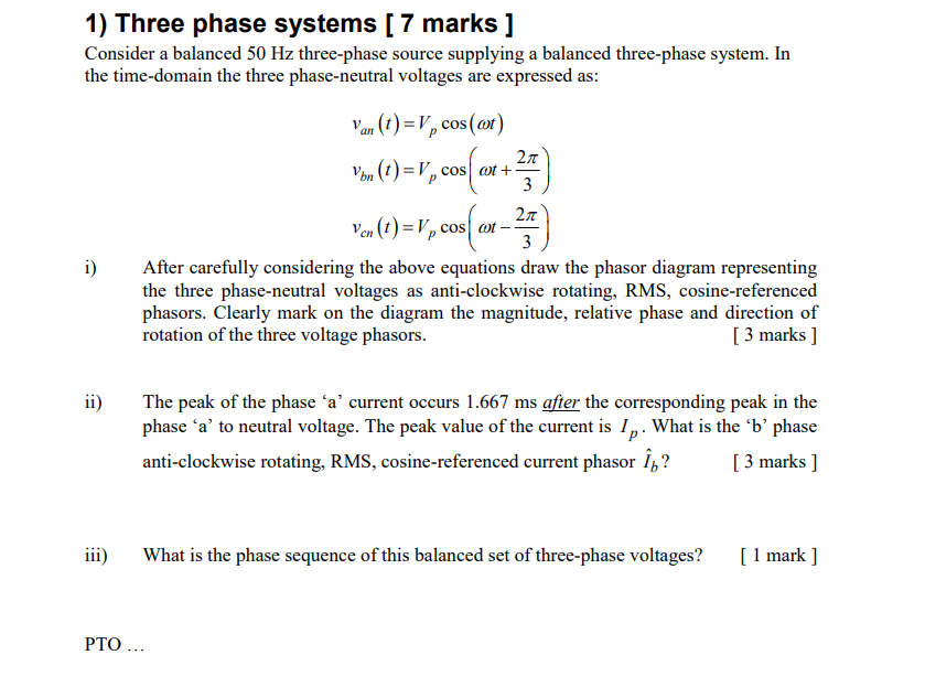 1) Three phase systems [7 marks ] Consider a balanced | Chegg.com