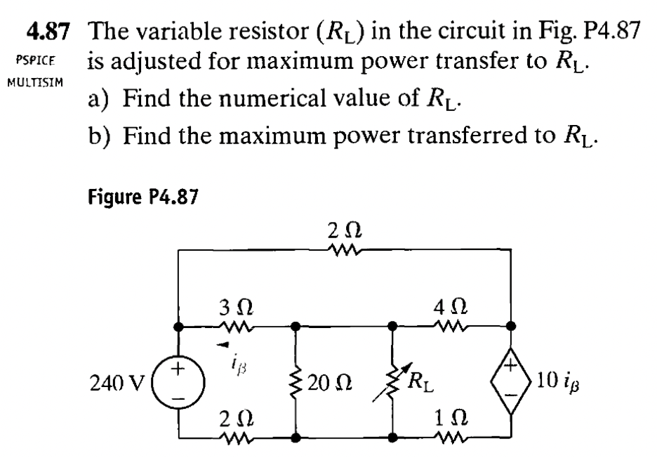 4.87 ﻿The variable resistor (RL) ﻿in the circuit in | Chegg.com