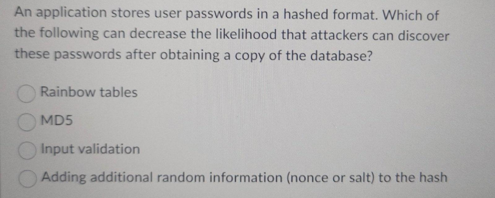 Solved An application stores user passwords in a hashed | Chegg.com